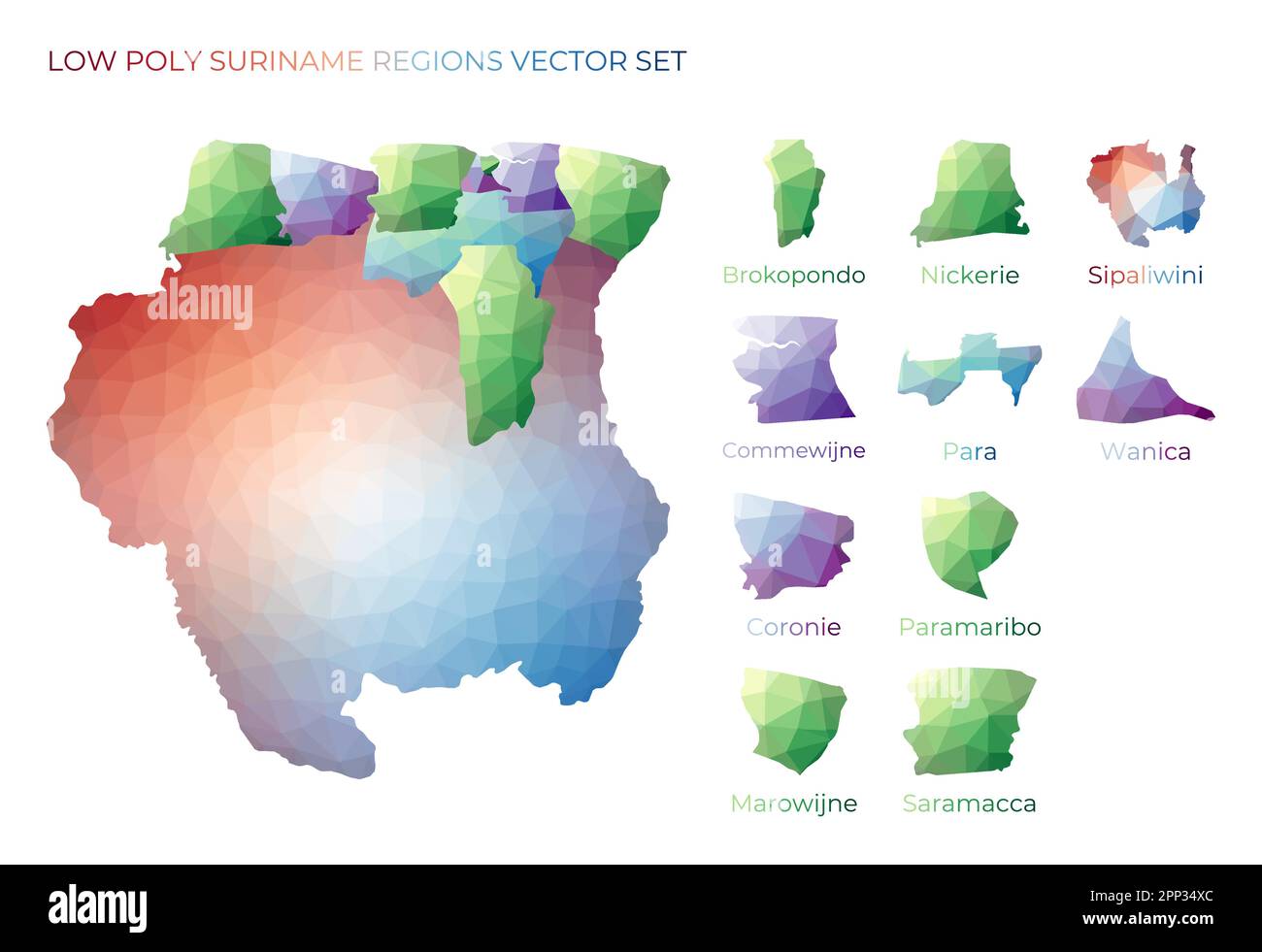 Low poly Suriname regions. Polygonal map of Suriname with regions. Geometric maps for your ...