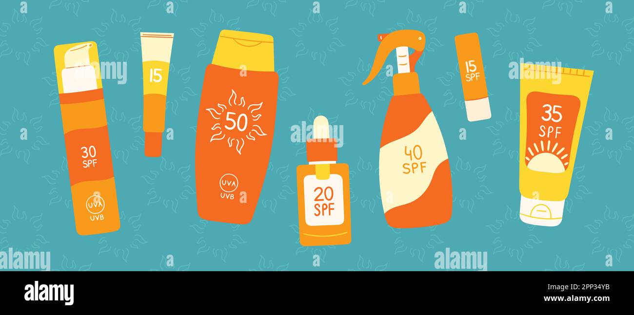 Set of sunscreen products on turquoise background. SPF protection and ...