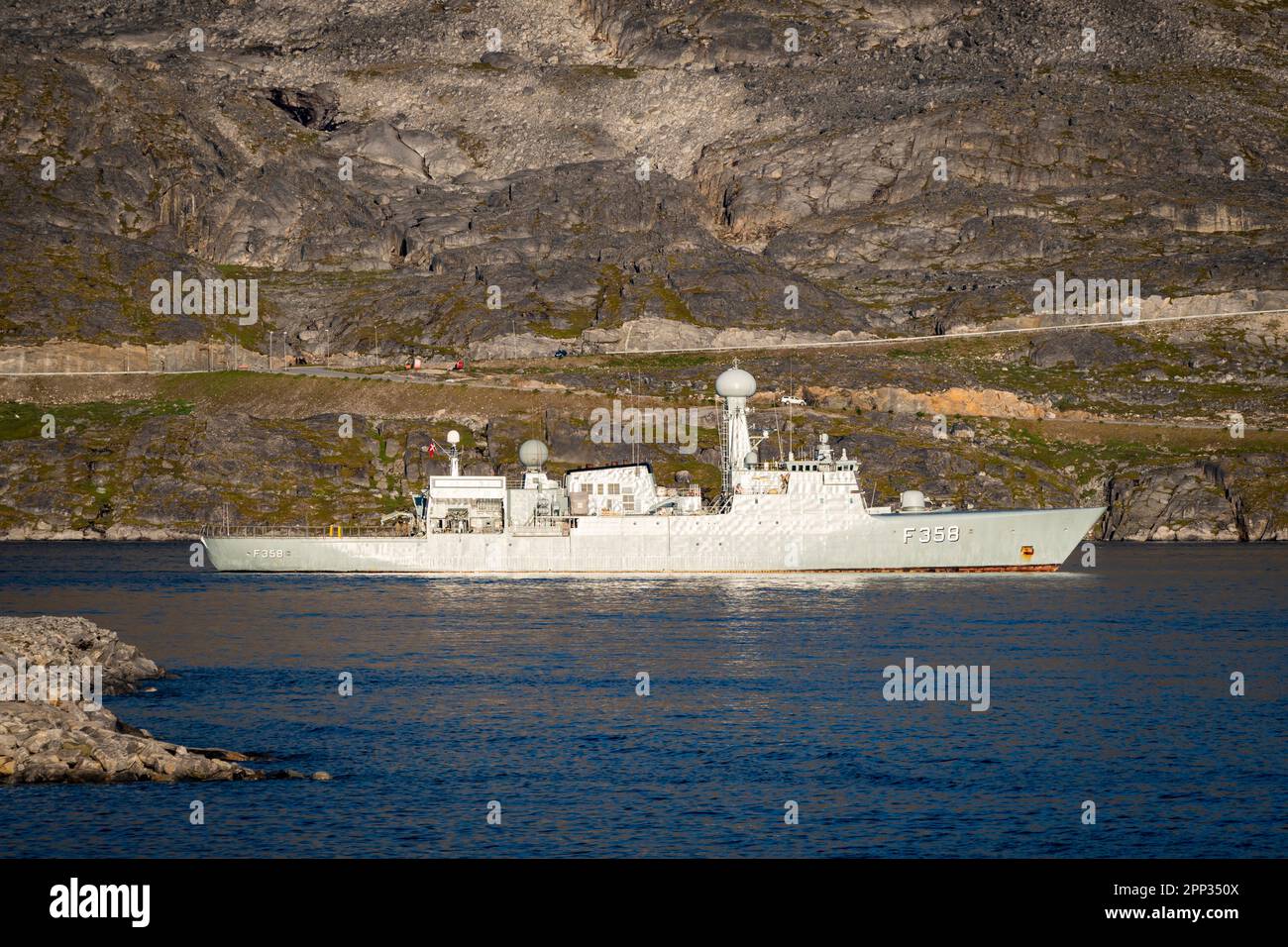 Royal Danish Navy patrol ship HDMS Triton in the harbour at Nuuk ...