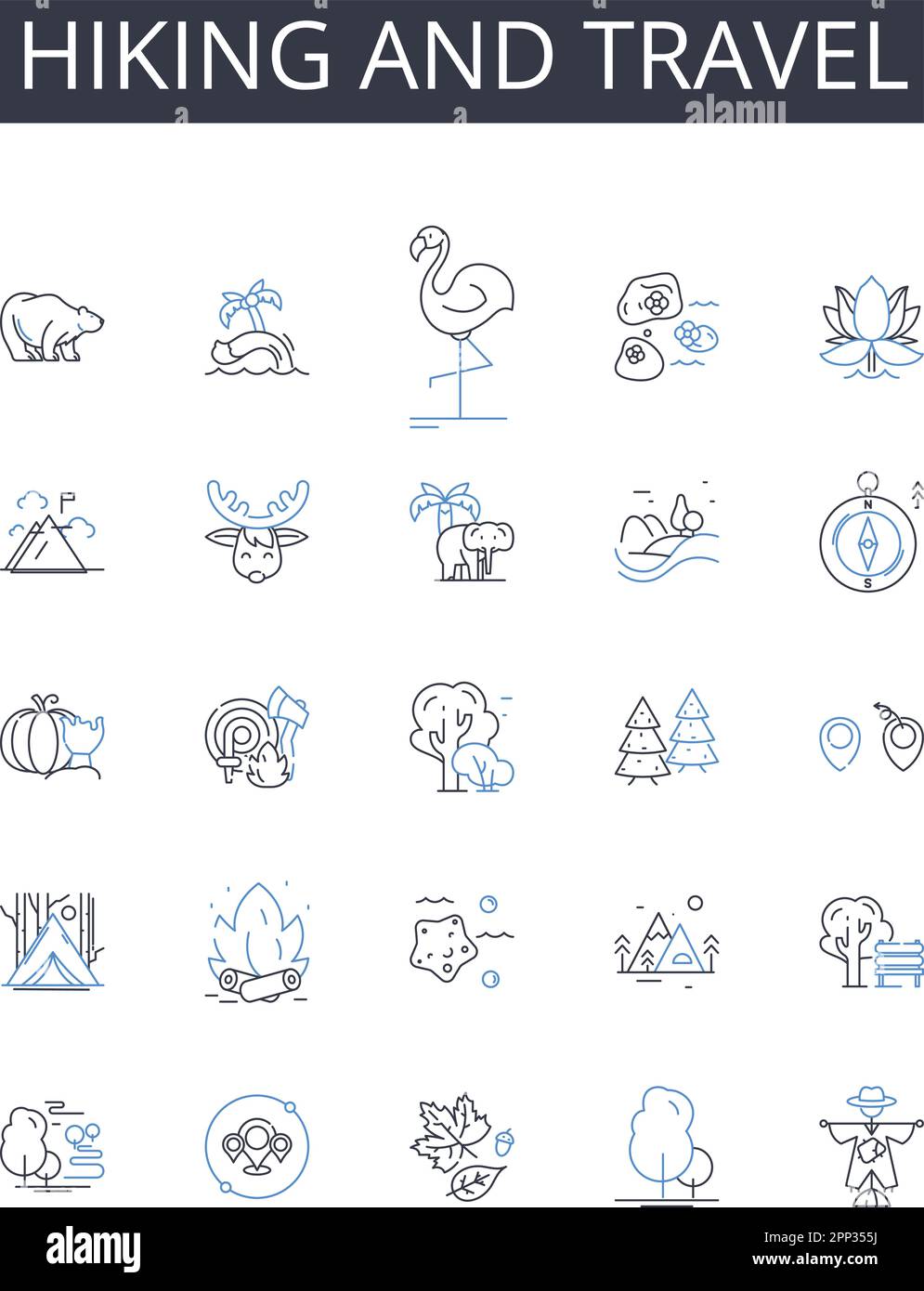 Hiking and travel line icons collection. Adventure escape, Boating ...