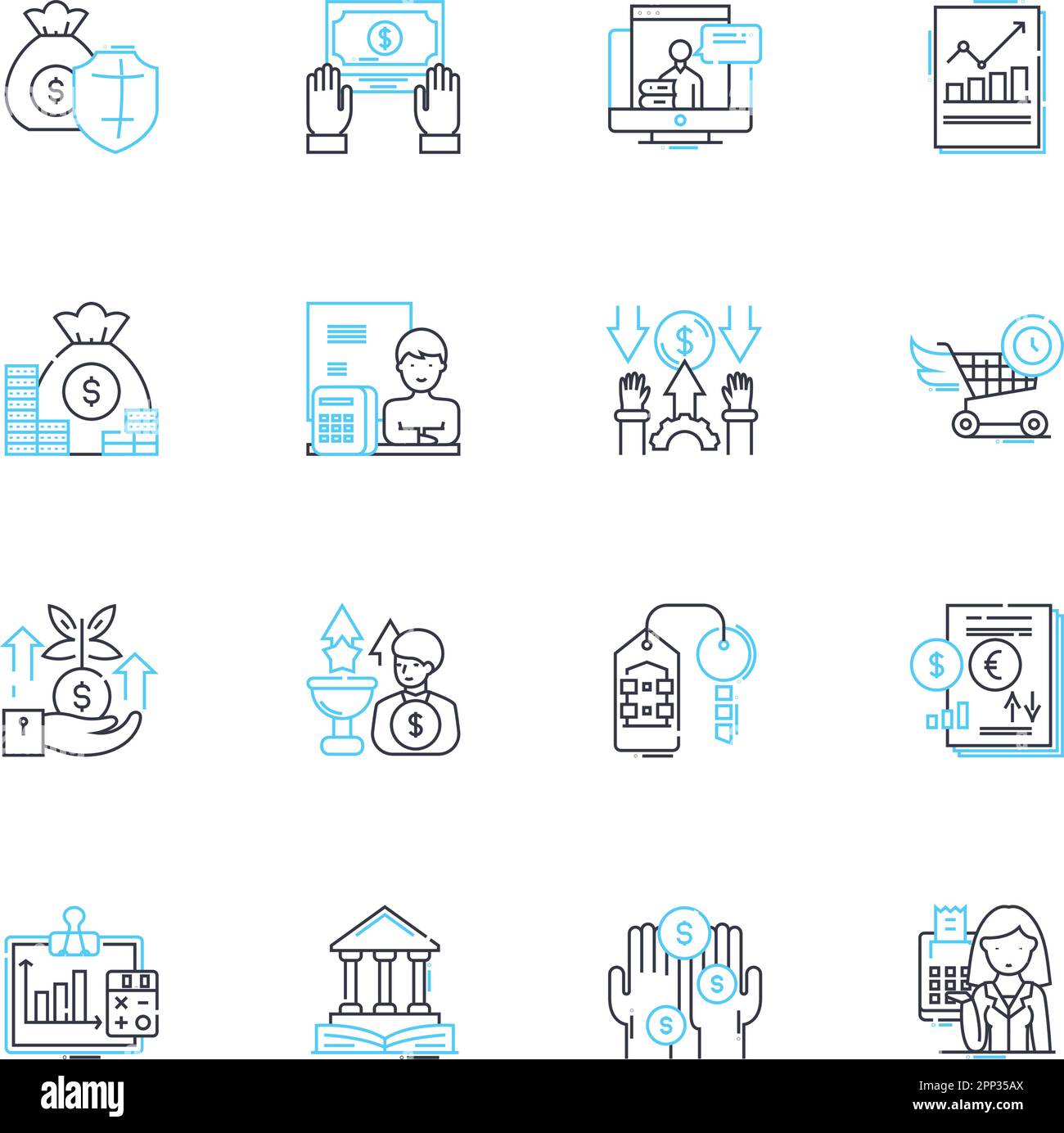 Financial plan linear icons set. Budgeting, Investing, Savings ...