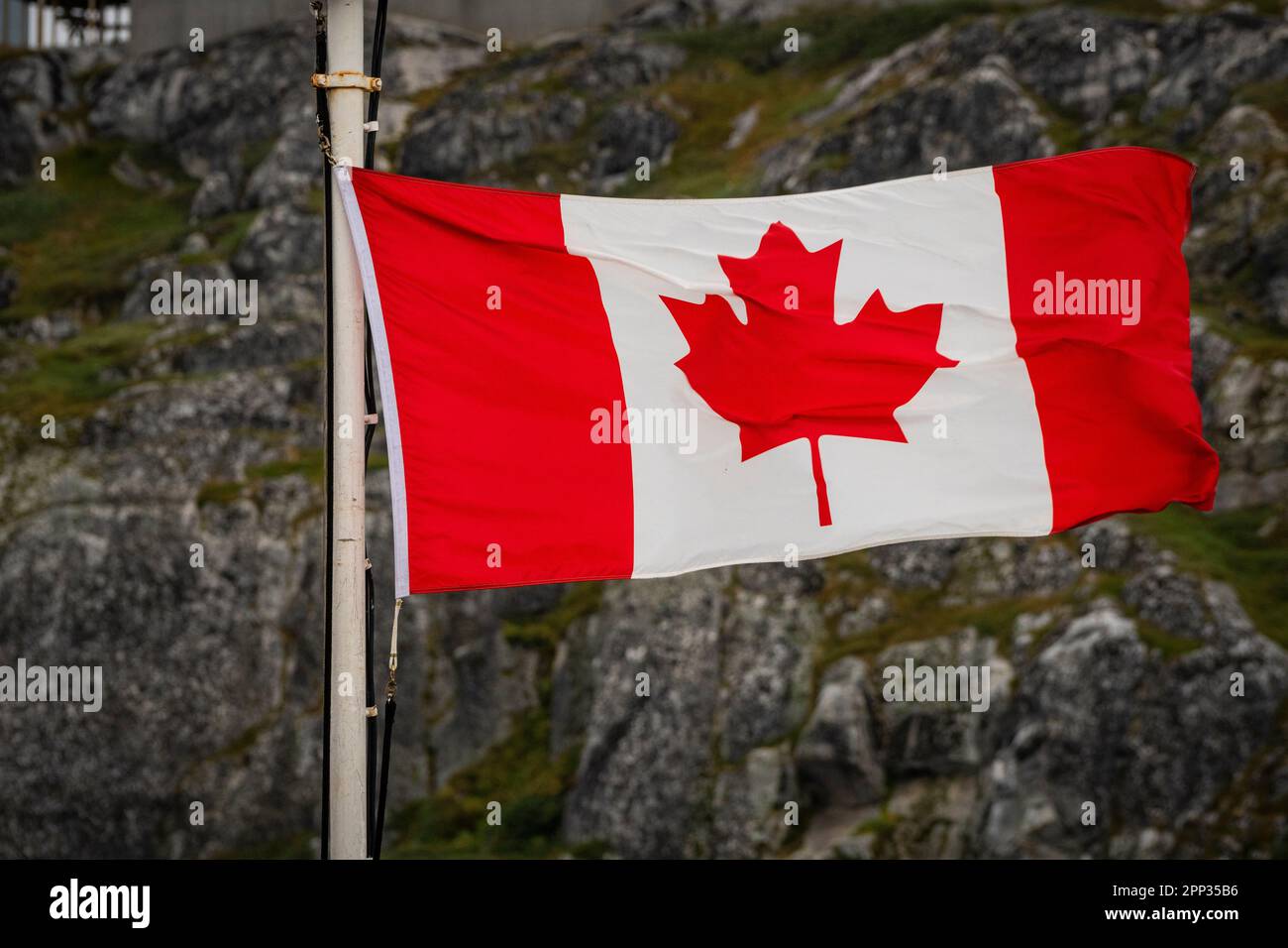 The Maple Leaf, the national flag of Canada, flies from the jackstaff ...