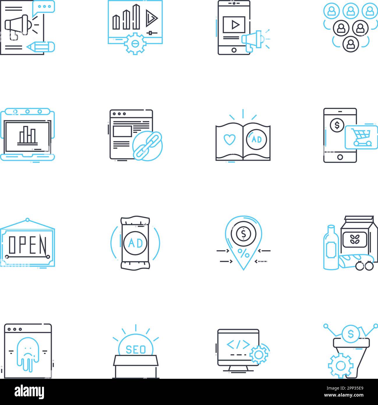 Promotional tactics linear icons set. advertising, branding, nerking ...