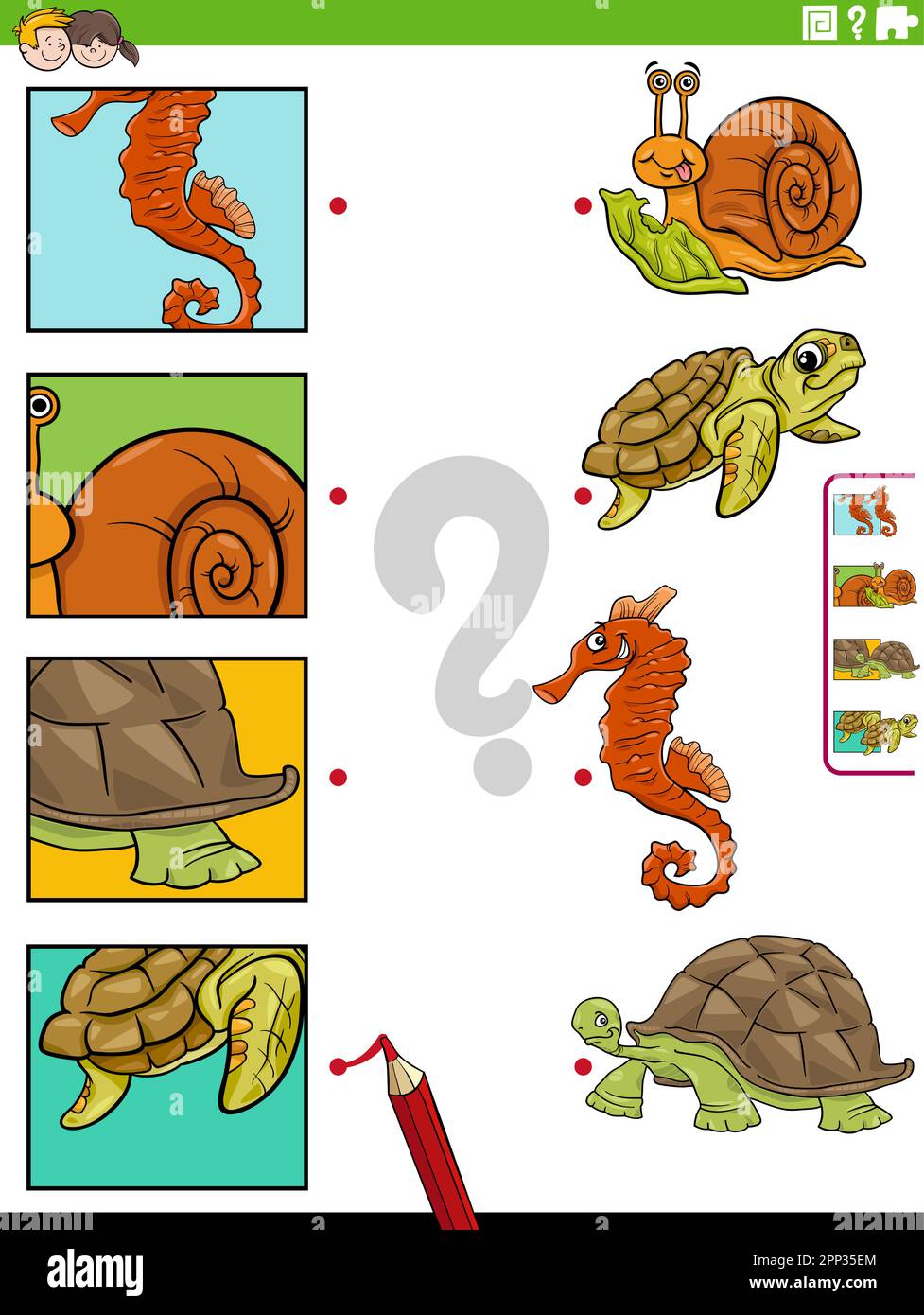 Cartoon illustration of educational matching game with animal ...