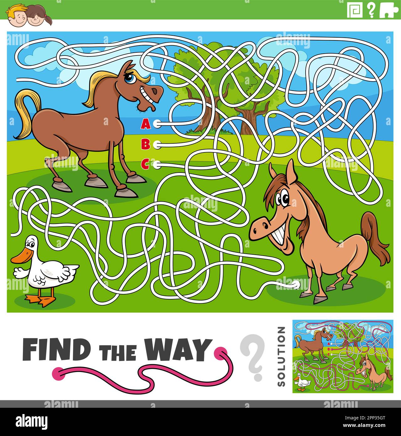 Cartoon illustration of find the way maze puzzle game with funny wild ...