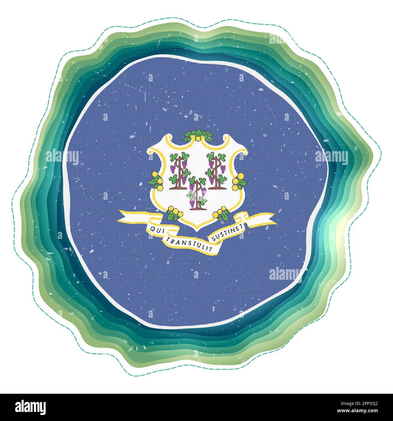 Connecticut flag in frame. Badge of the US state. Layered circular sign around Connecticut flag ...