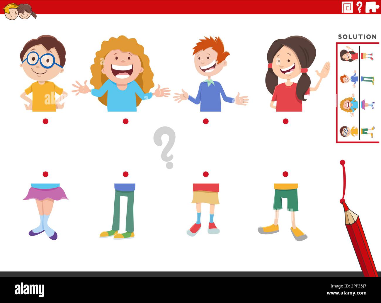 Cartoon illustration of educational game of matching halves of pictures ...