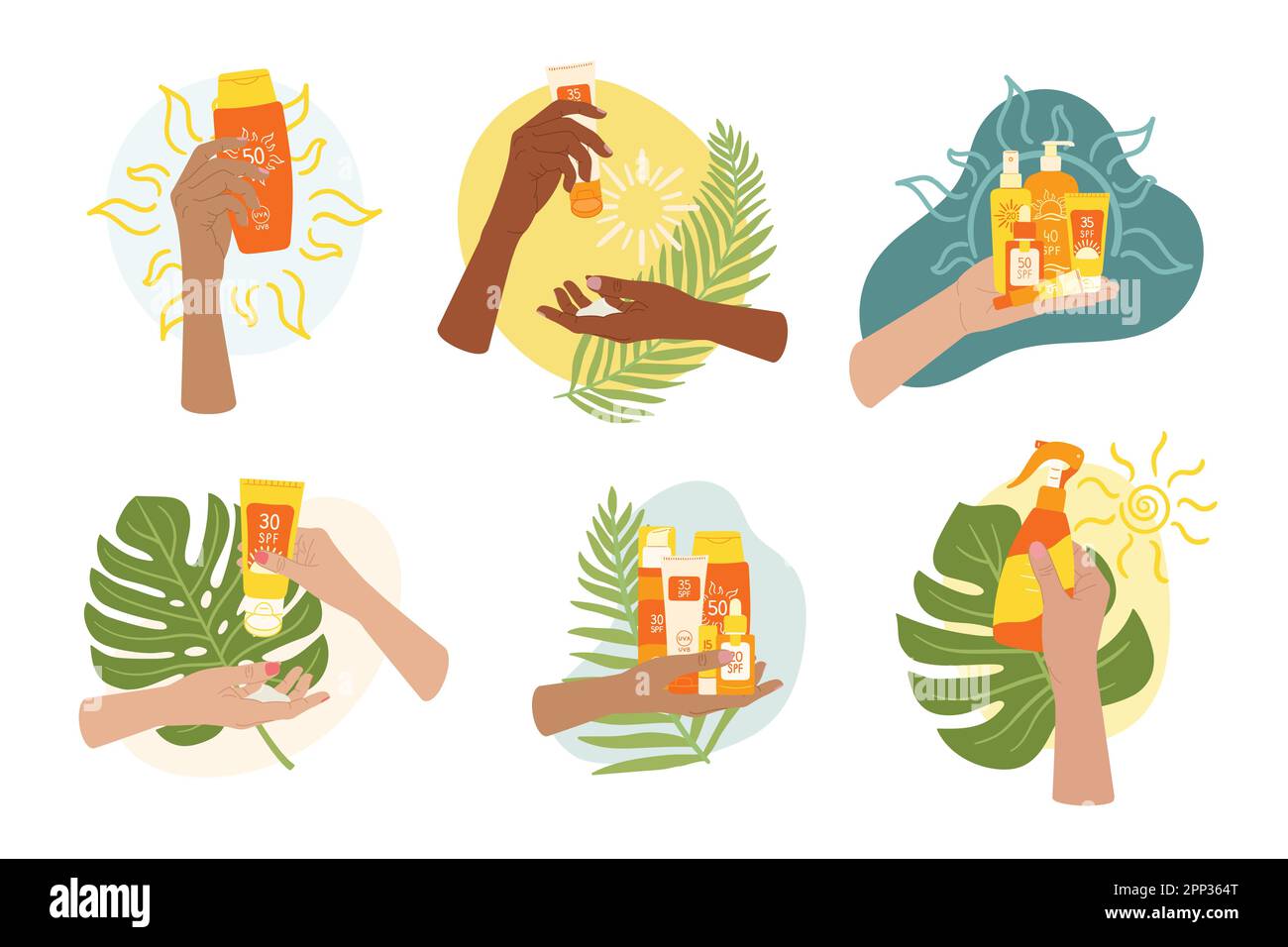 Set of composition of female hands hold sunscreen lotion, cream, spray ...