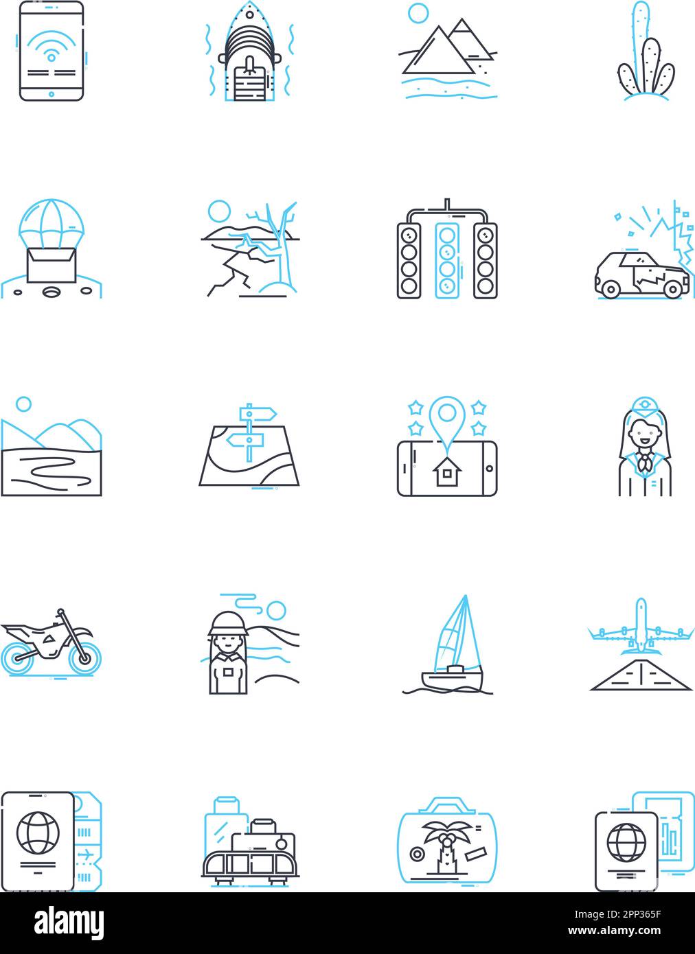 Aerodrome linear icons set. anding, Takeoff, Runway, Hangar, Control ...