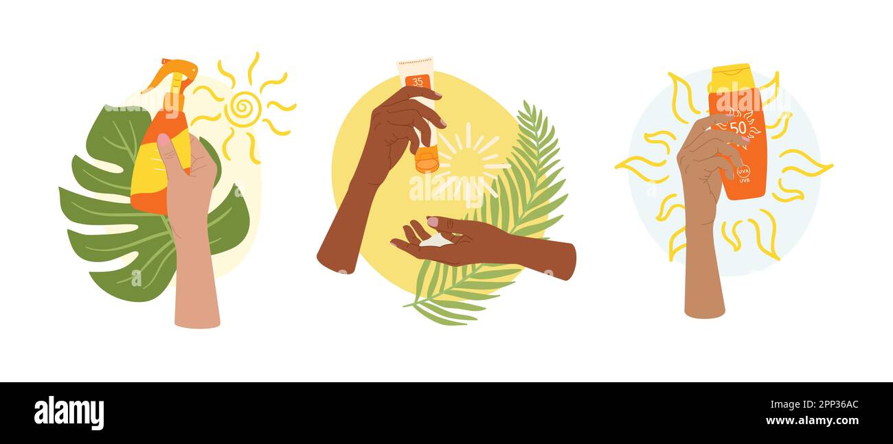 Set of composition of female hands hold sunscreen lotion, cream, spray ...