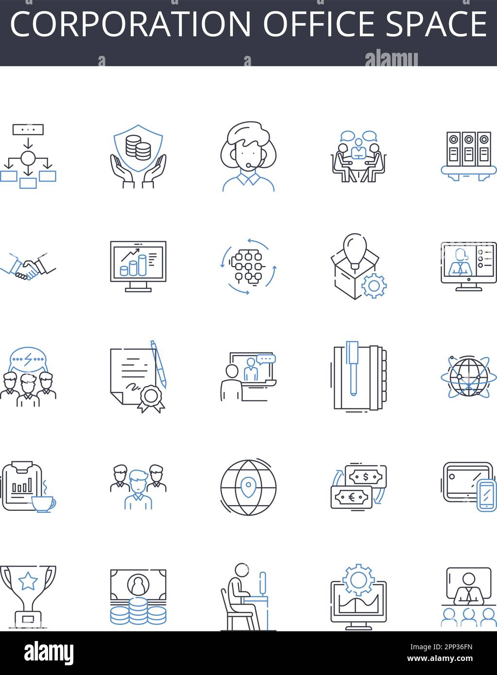 Corporation office space line icons collection. Business headquarters ...