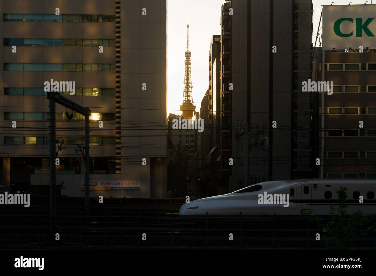 A N700 series Shinkansen or bullet train speeds through a darkened ...
