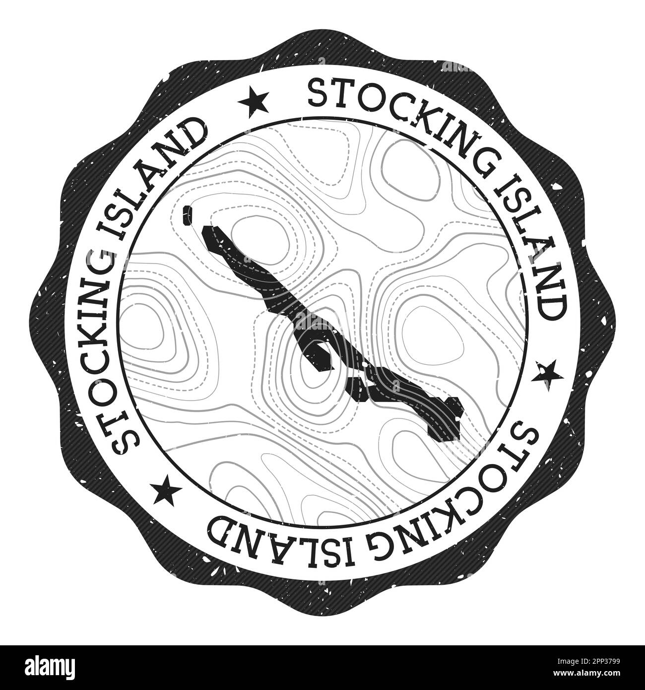 Stocking Island outdoor stamp. Round sticker with map with topographic ...