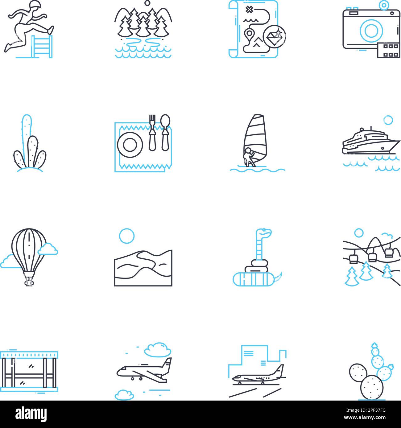 Mountain hikes linear icons set. Scenic, Challenging, Majestic ...