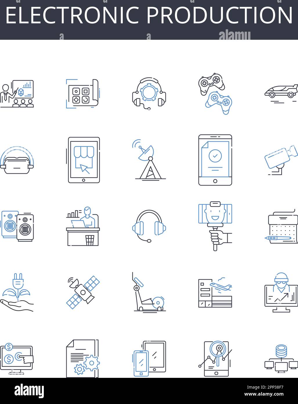 Electronic production line icons collection. Computer manufacturing ...
