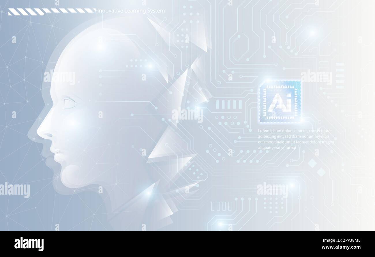 AI technology concept artificial abstract human side face with chip ...
