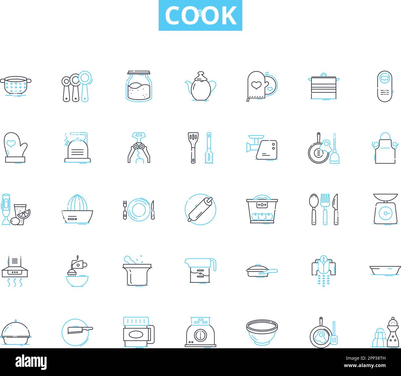 Cook linear icons set. Saute, Grill, Bake, Simmer, Fry, Roast, Stir-fry ...