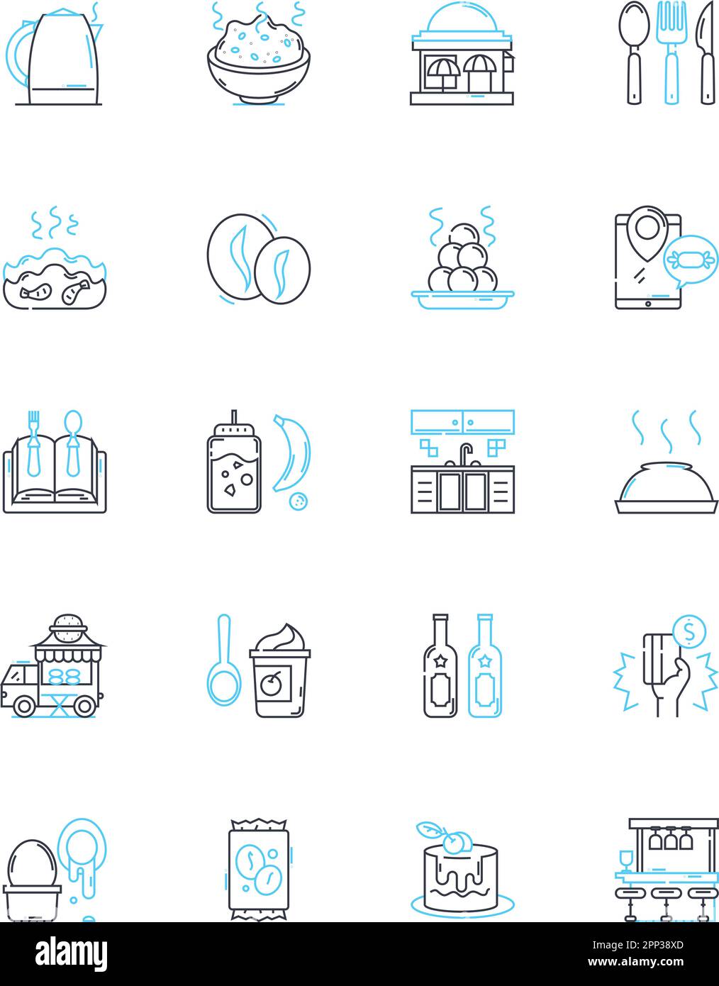 Dining options linear icons set. Restaurant, Pub, Cafe, Bistro, Brasserie, Diner, Food court ...