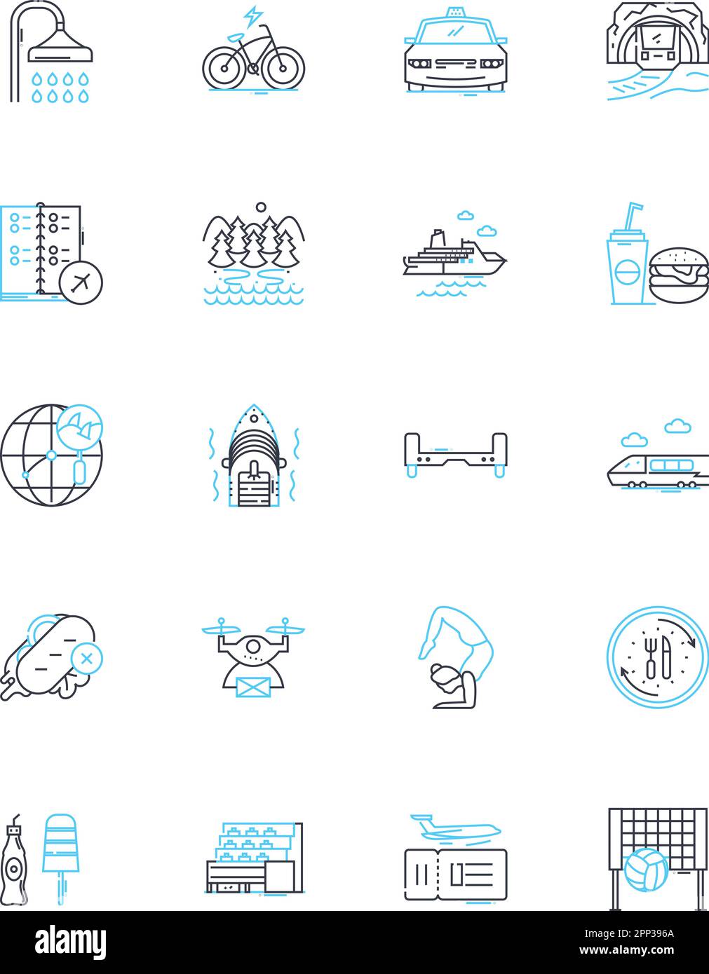 Enjoyable jaunt linear icons set. Adventure, Escapade, Expedition, Fun ...
