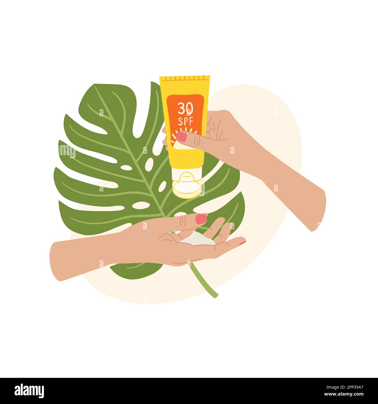Composition of female hands hold sunscreen lotion with monstera leaf ...