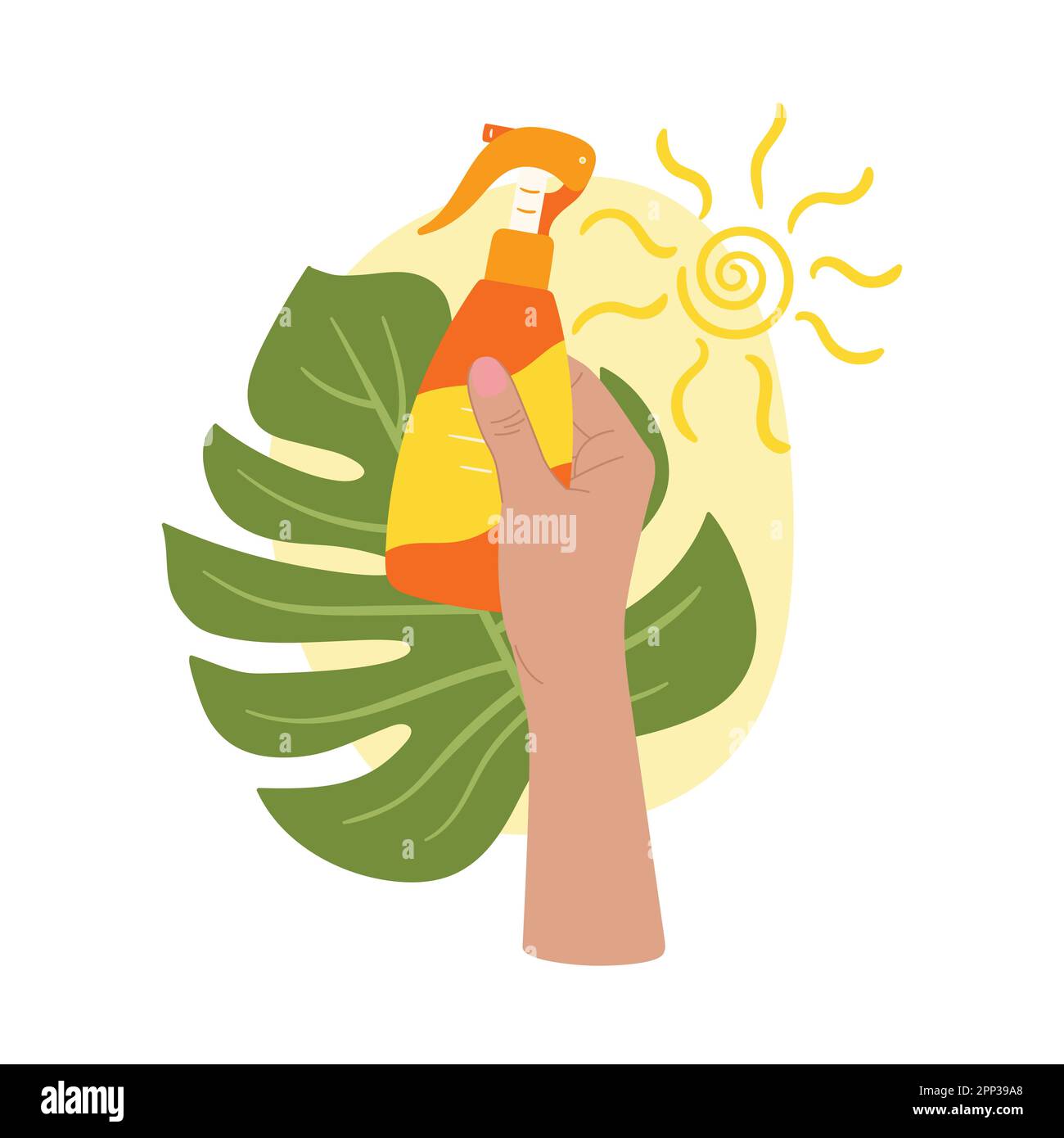 Composition of female hand holds sunscreen spray with sun, monstera ...
