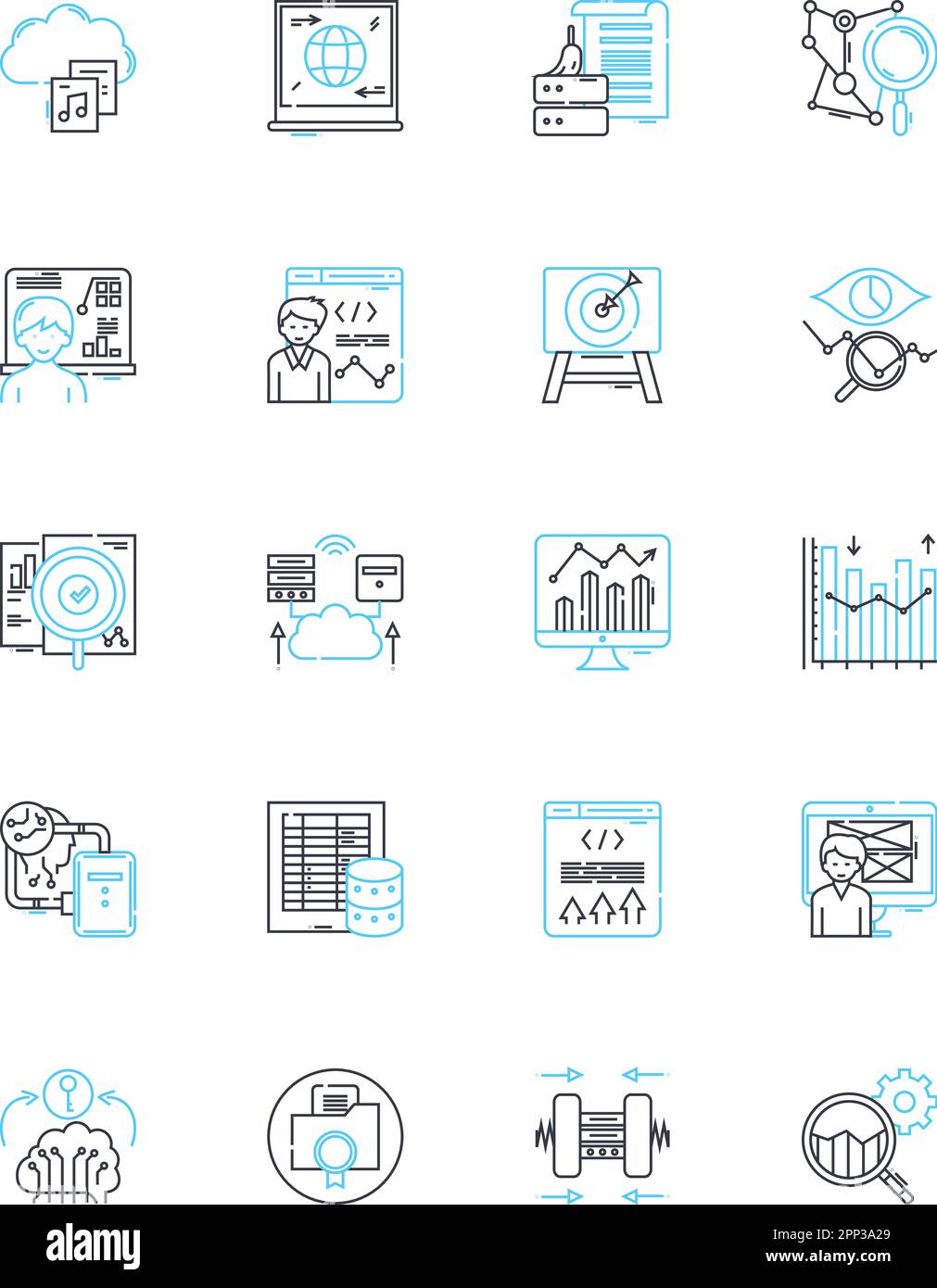 Market reporting linear icons set. Analytics, Trends, Insights, Data, Industry, Analysis ...