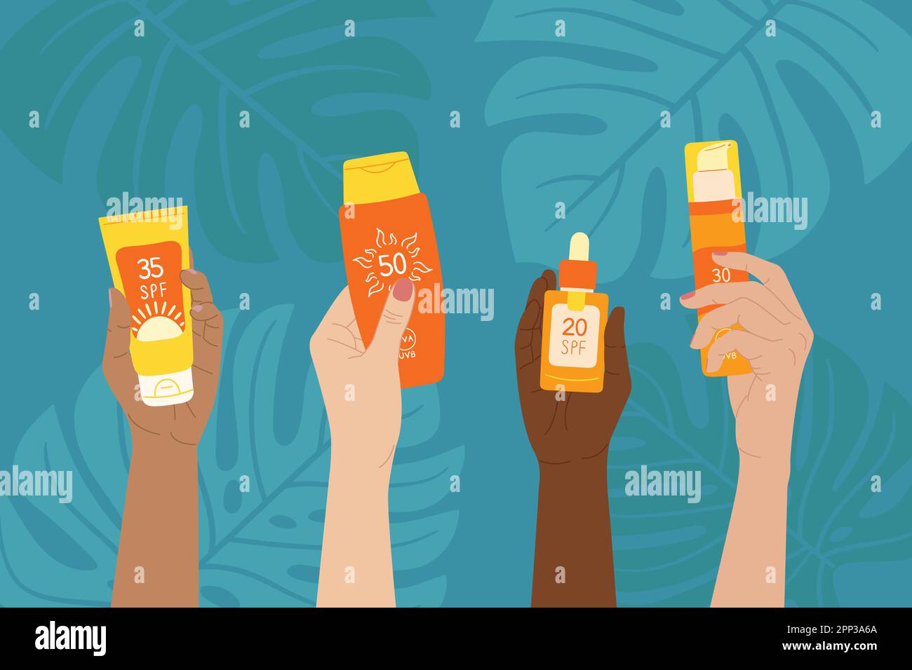 Diverse female hands hold sunscreen products. SPF protection and sun ...