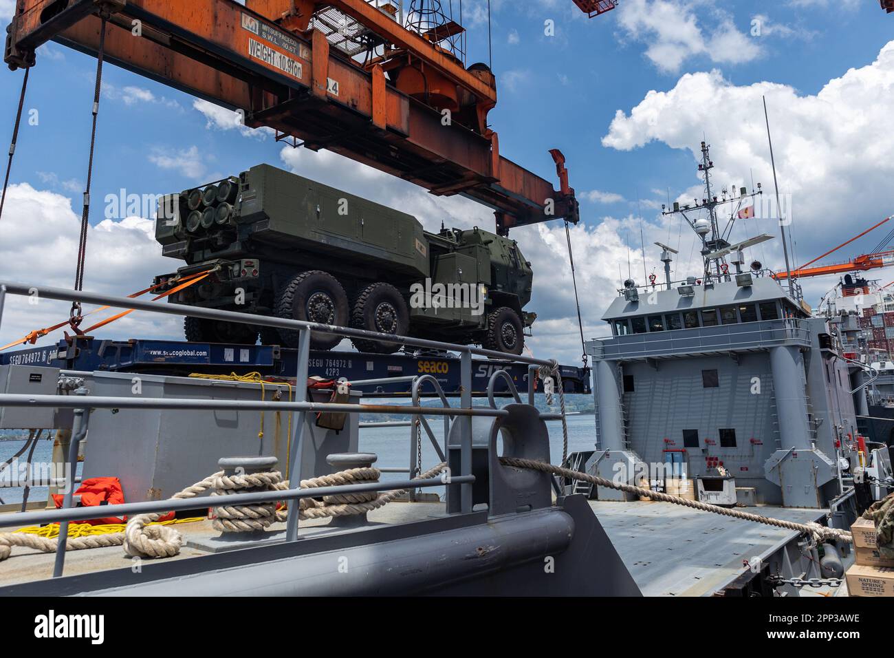 Philippine contractors hoist up a high mobility rocket system, with 5th ...