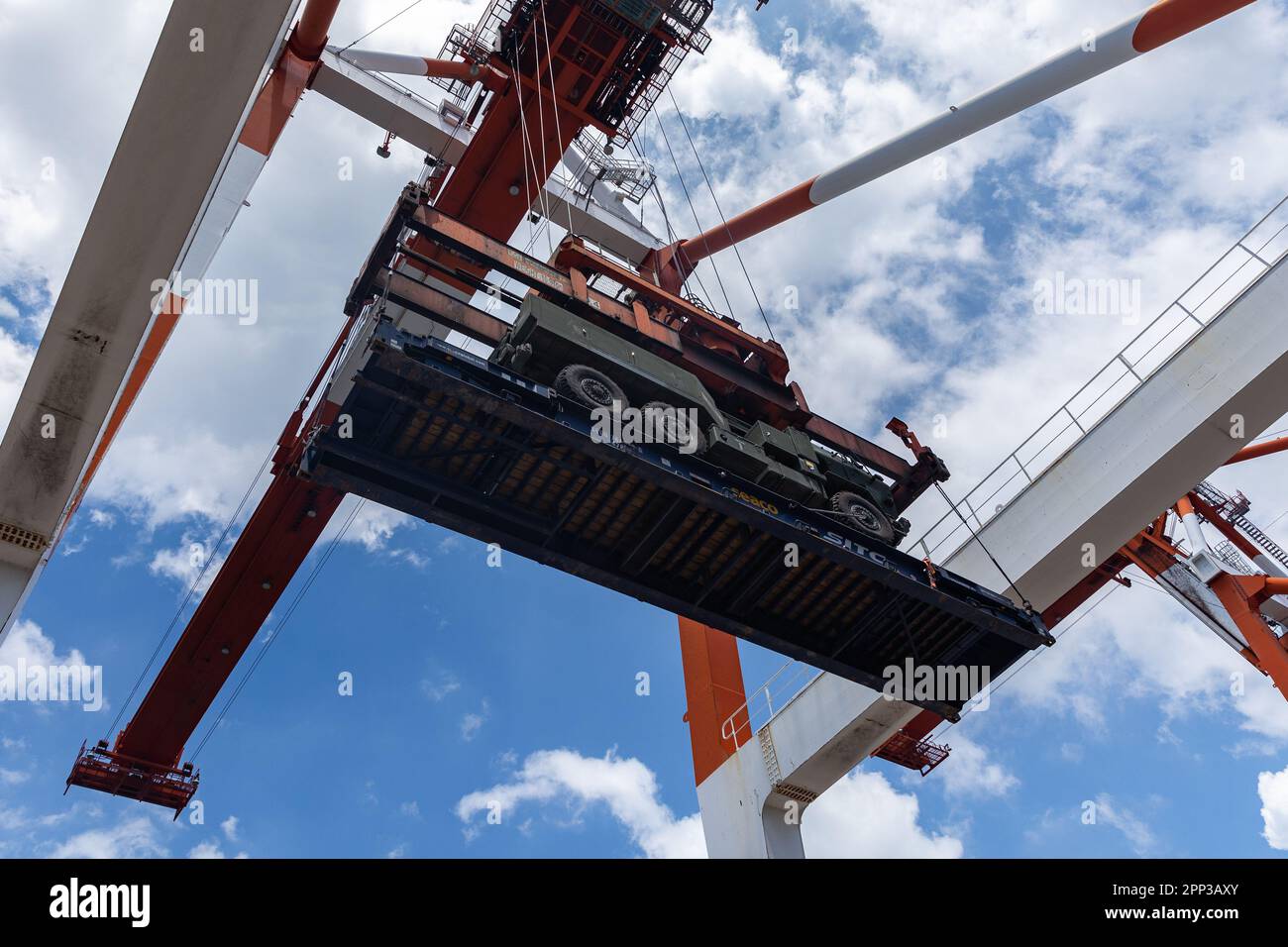 Philippine contractors hoist up a high mobility rocket system, with 5th ...