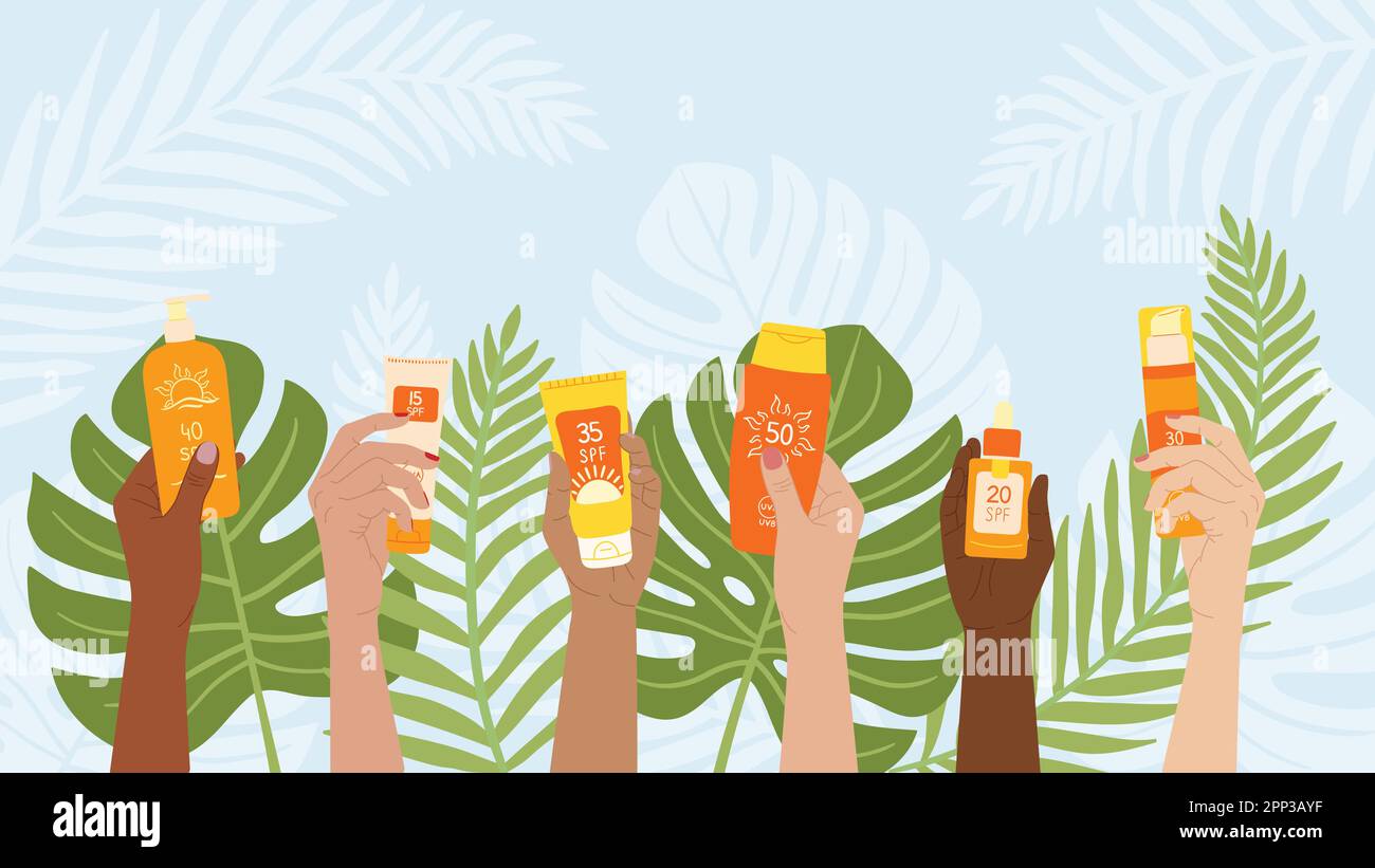 Diverse female hands hold sunscreen products. SPF protection and sun ...