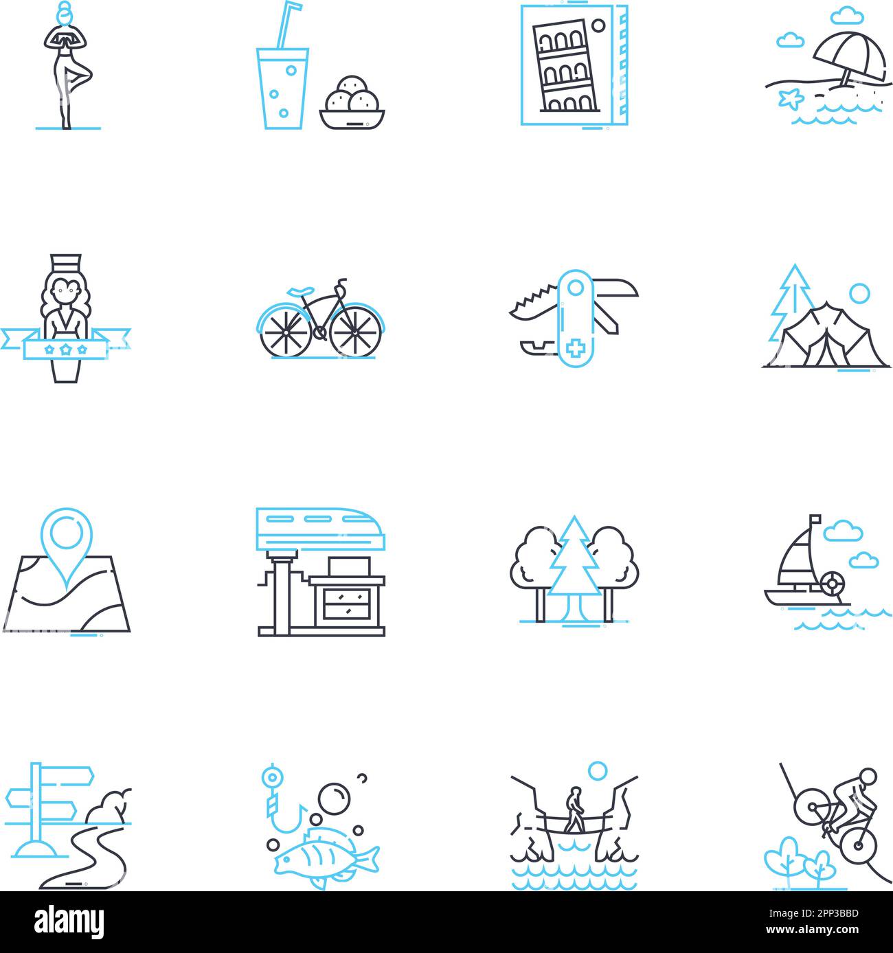 Vacations linear icons set. Relaxation, Adventure, Beach, Mountains ...