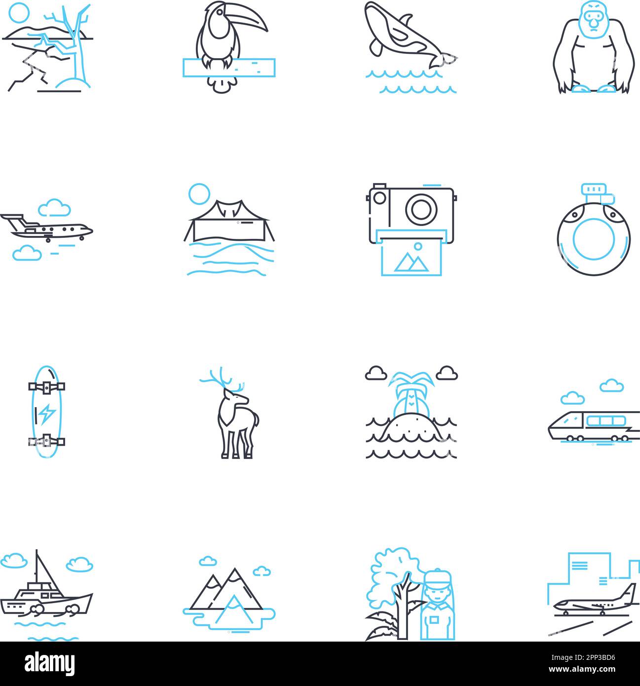 Nature escape linear icons set. Forest, Waterfall, Mountains, Wildlife ...