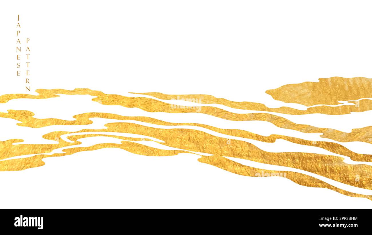 Gold brush stroke texture with Japanese ocean wave pattern in vintage ...