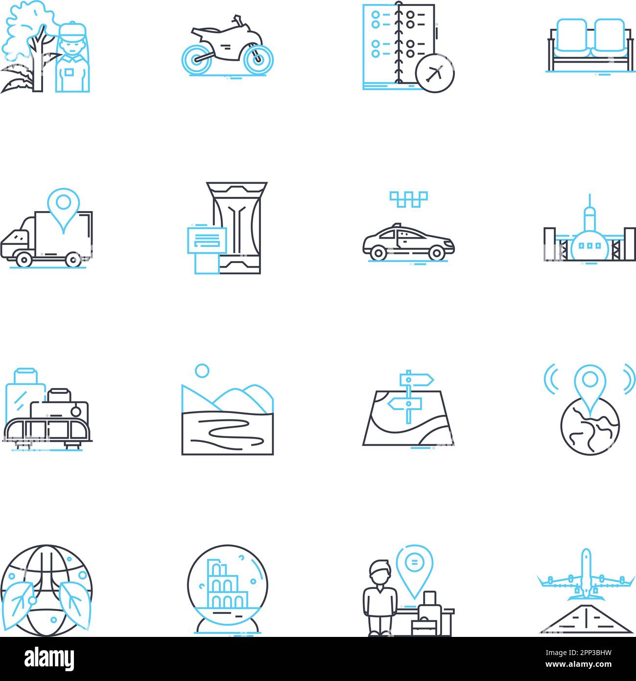 Airfield linear icons set. Runway, Hangar, Aircraft, Aerodrome ...