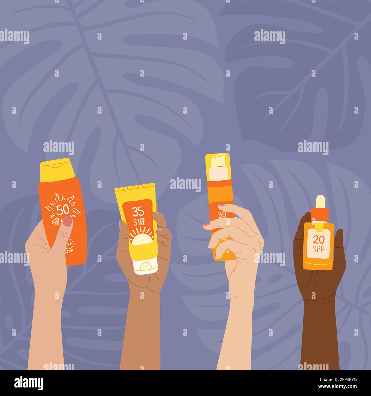 Diverse female hands hold sunscreen products. SPF protection and sun ...