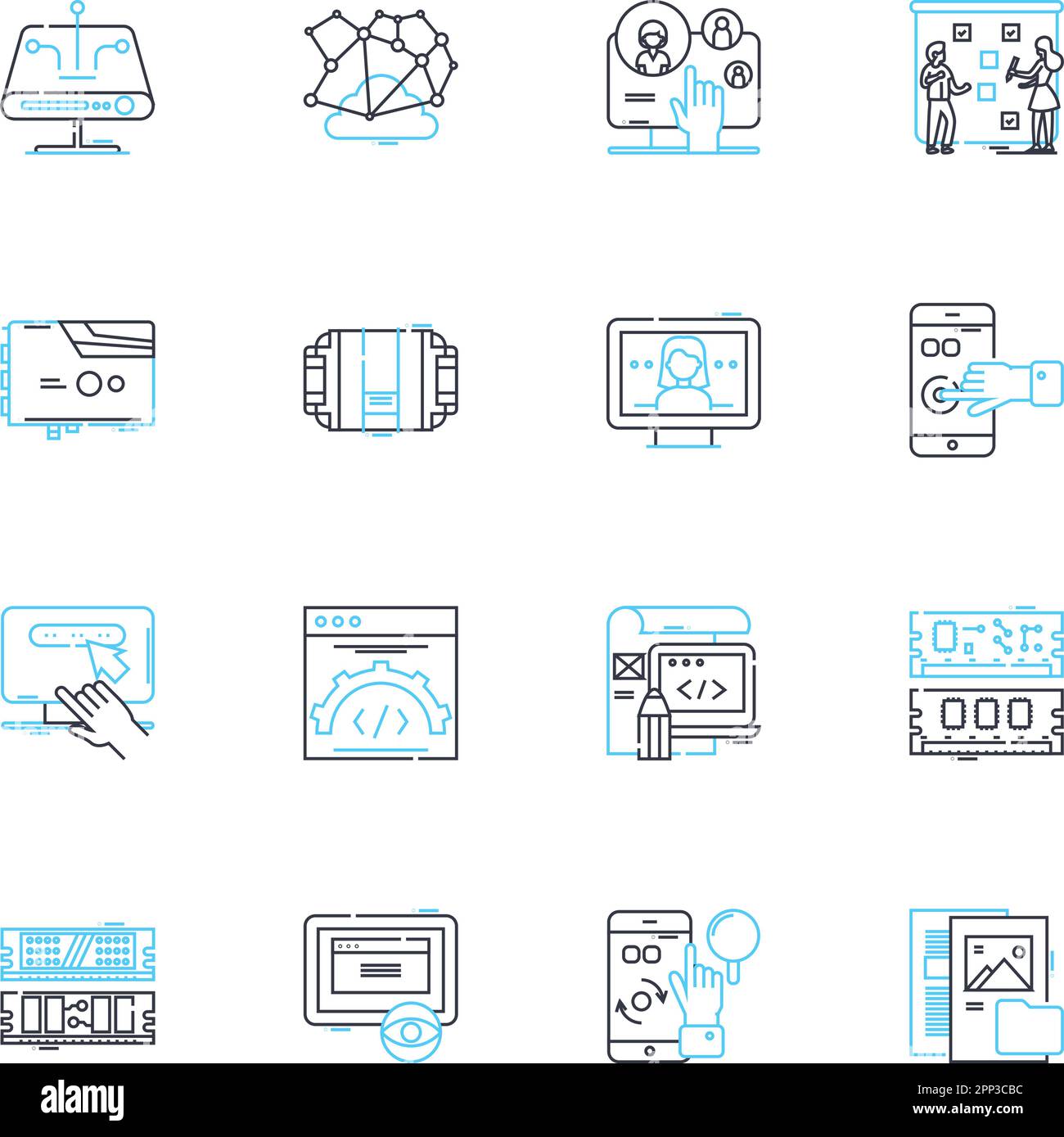 Digital device linear icons set. Smartph, Tablet, Laptop, Desktop, Smartwatch, Fitness tracker ...
