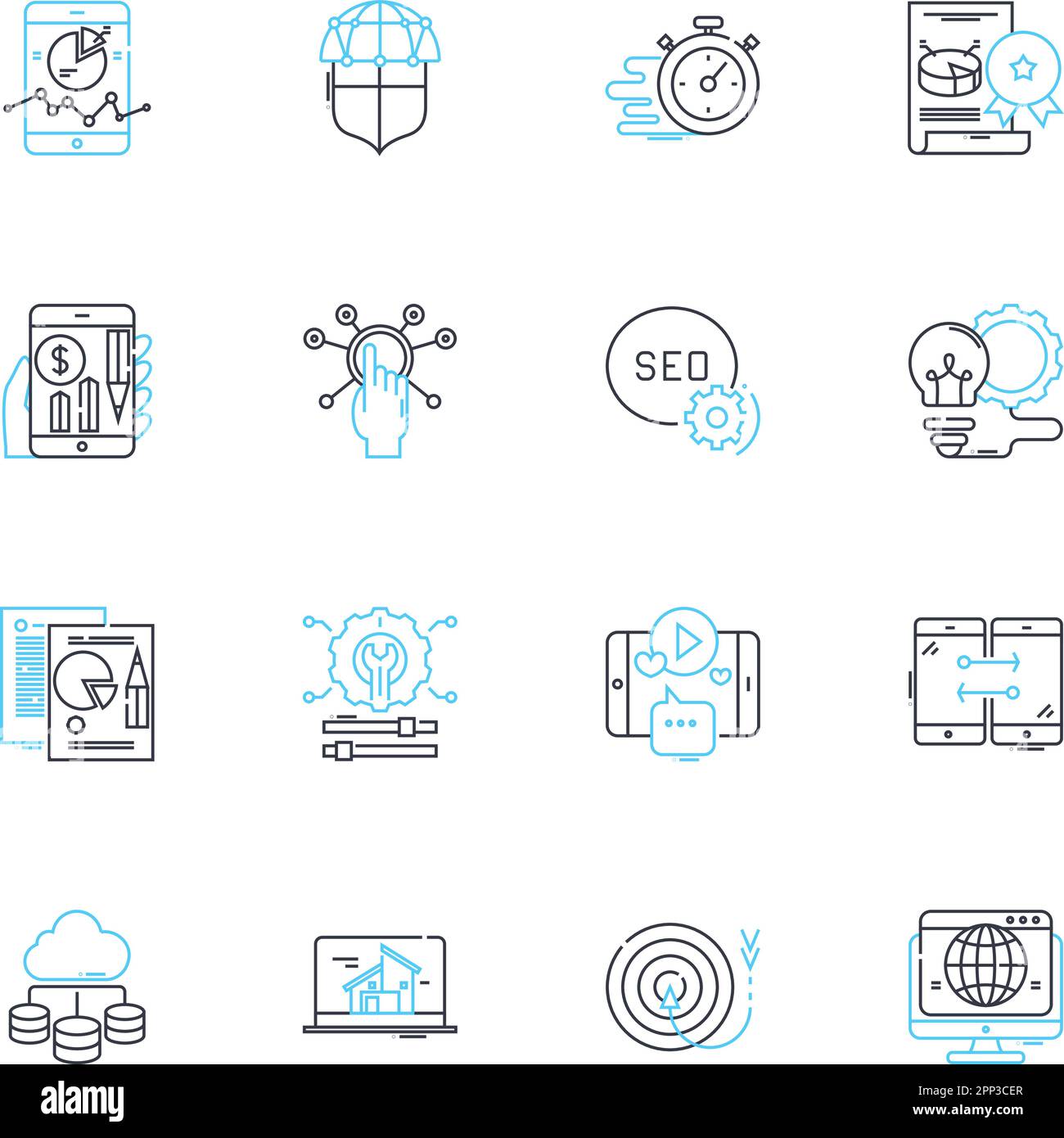 Digital branding linear icons set. identity, recognition, reputation ...