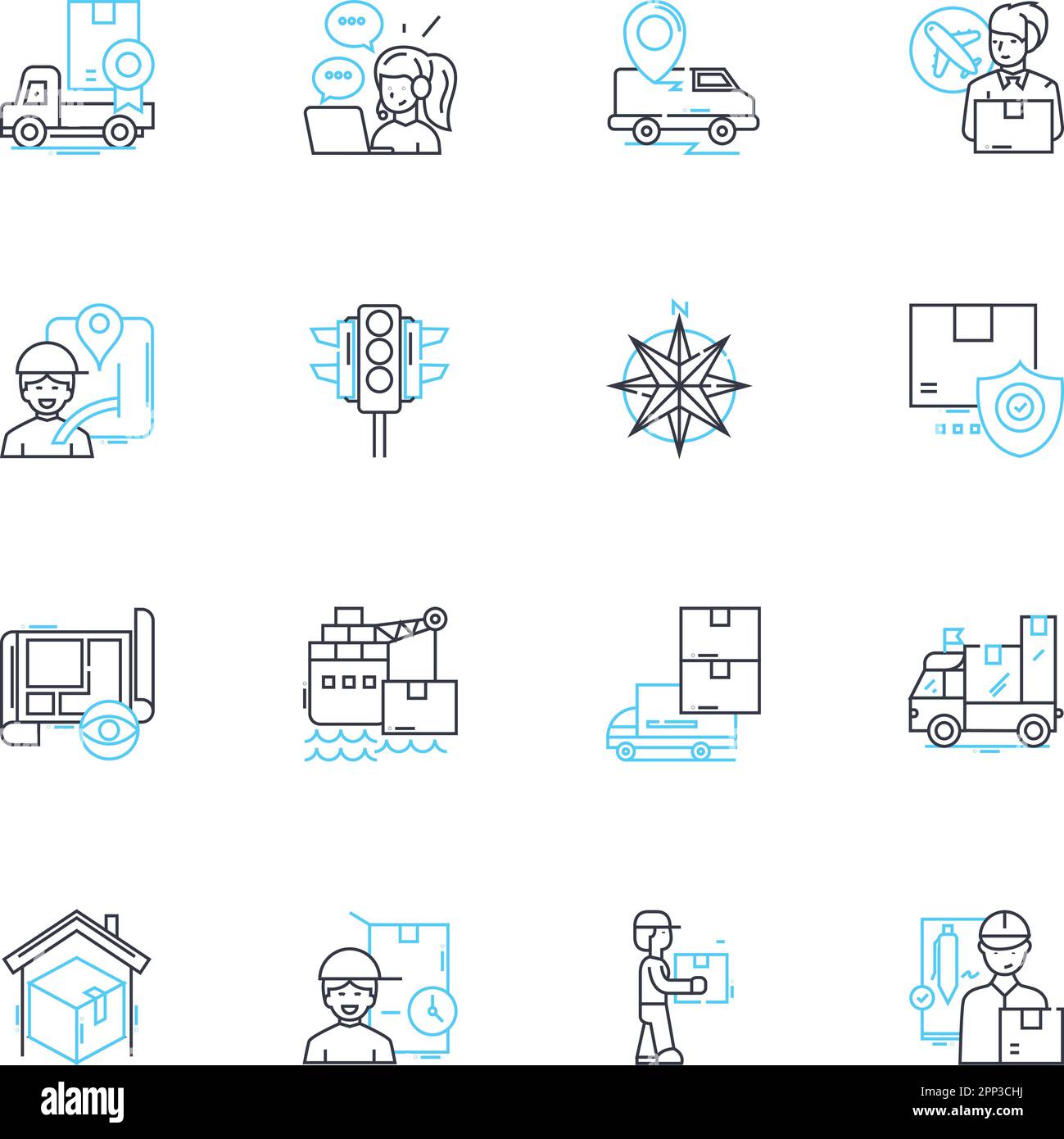 Shipping solutions linear icons set. Logistics, Freight, Delivery, Transportation, Cargo, Export ...