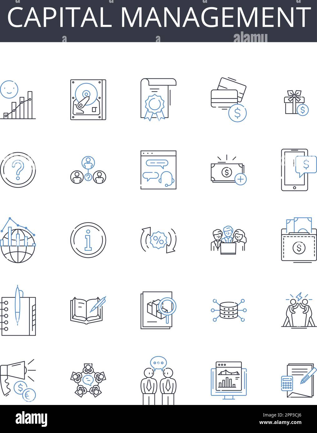 Capital management line icons collection. Budget control, Fiscal planning, Asset allocation ...