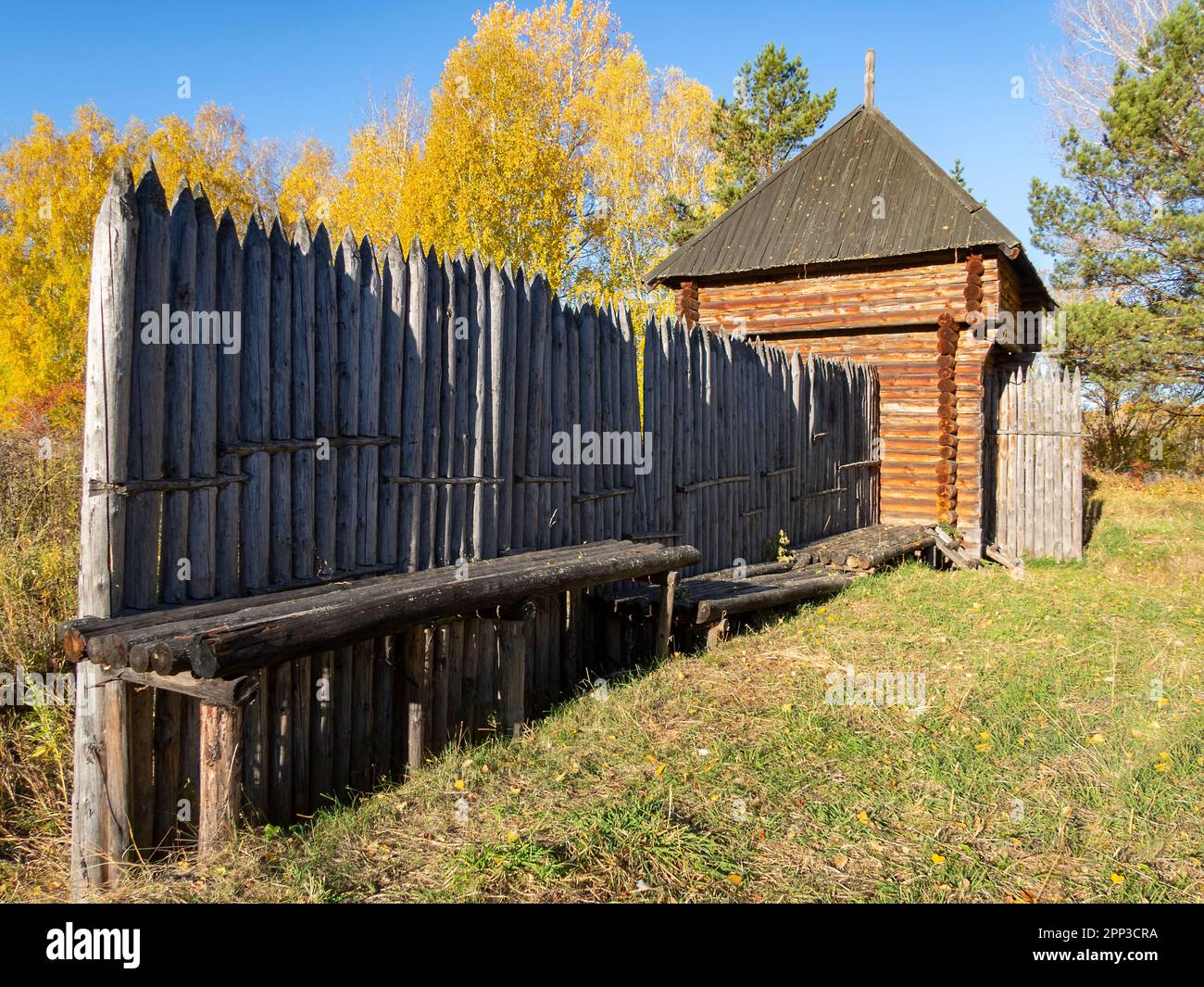 Reconstructed wooden watchtower of the 17th century and a palisade made ...