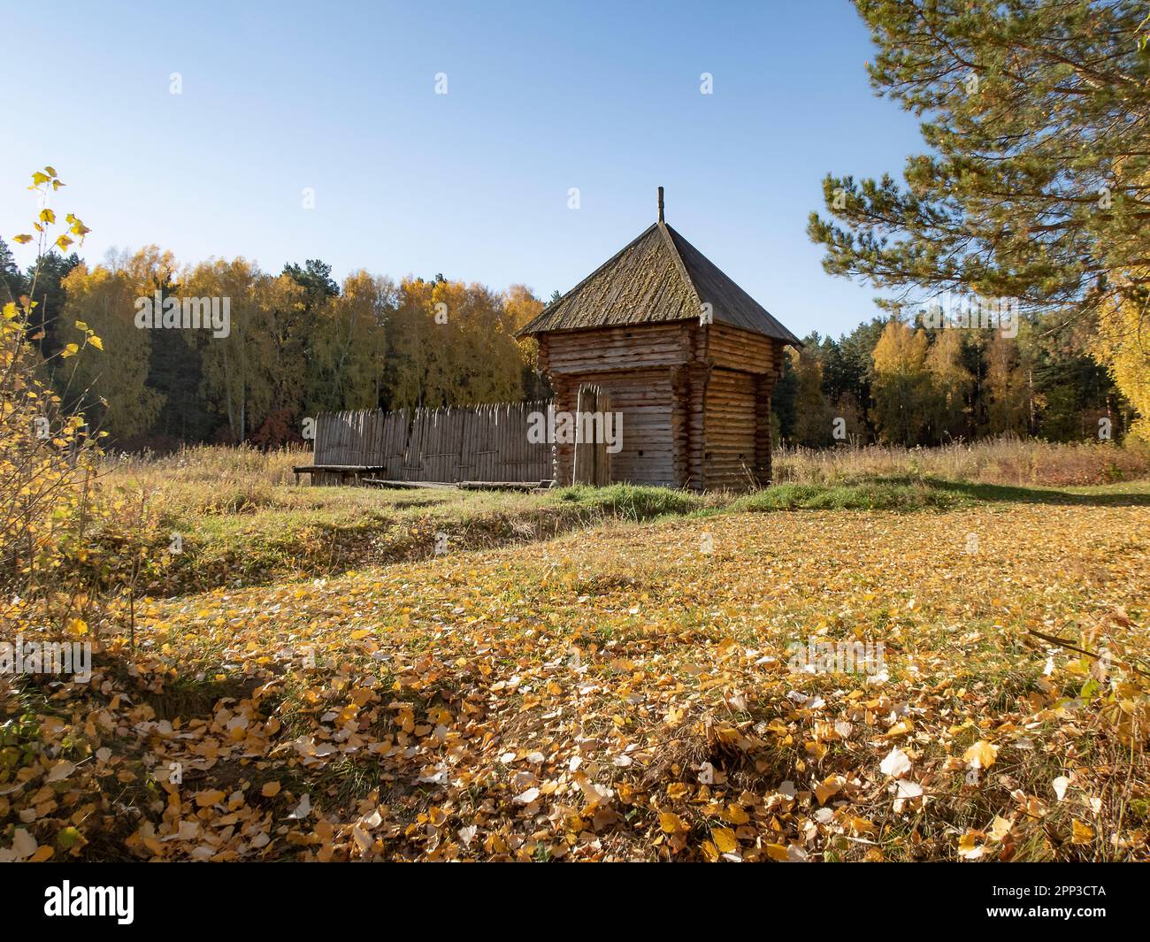 Reconstructed wooden watchtower of the 17th century and a palisade made ...