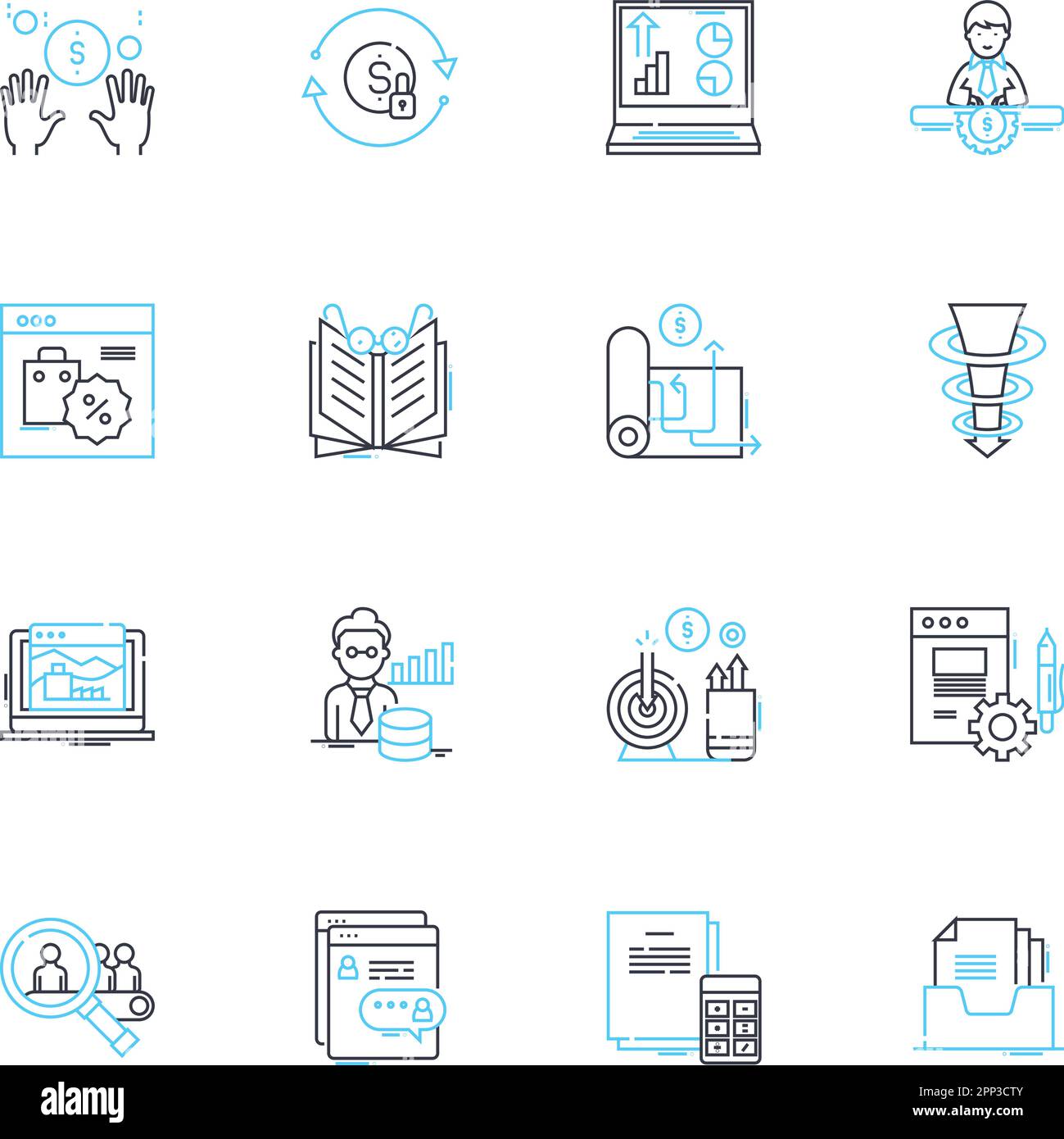 Fiscal organization linear icons set. Budgeting, Accounting, Taxation ...