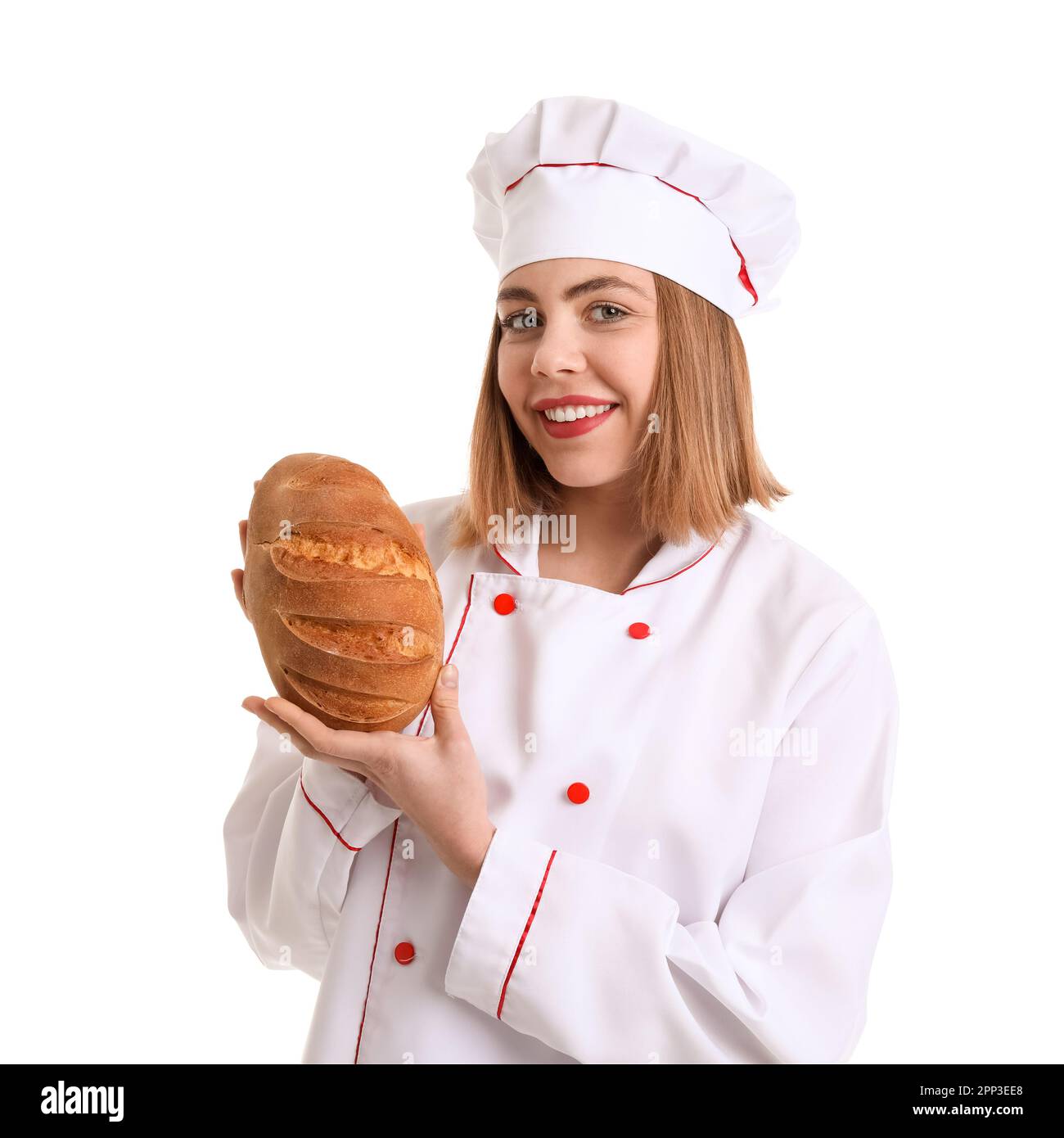 Female baker with fresh bread on white background Stock Photo - Alamy