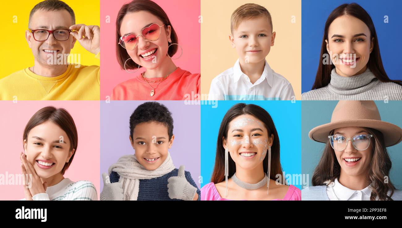 Group of happy people on color background Stock Photo - Alamy