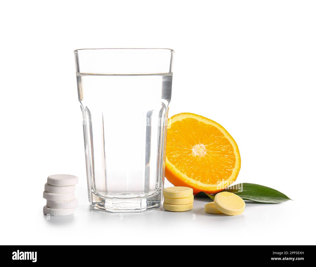 Glass of water, vitamin C effervescent tablets and orange isolated on ...