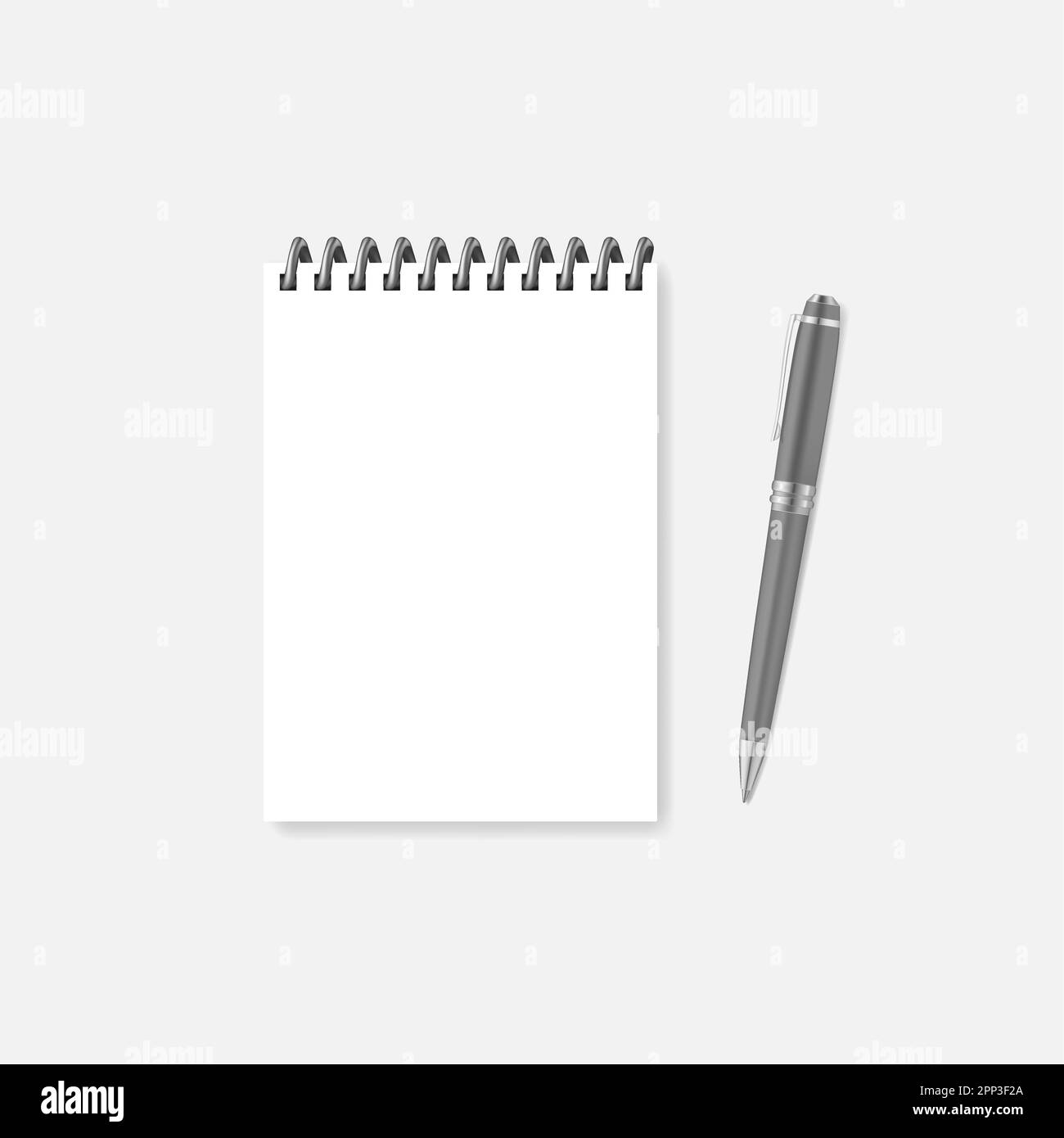 Wire bound blank notebook with ballpoint pen, realistic vector mock-up ...