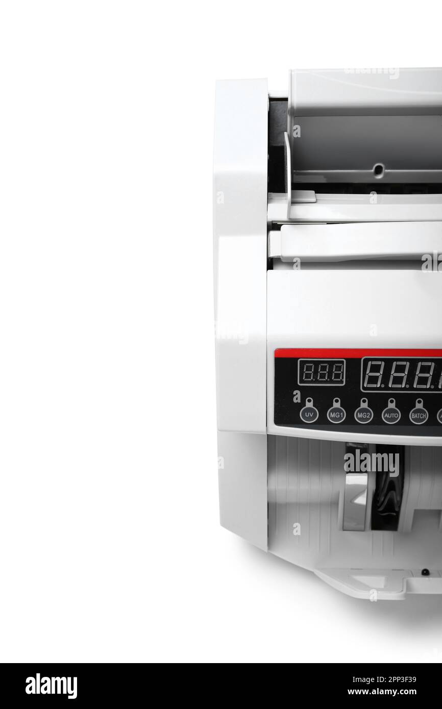 Modern cash counting machine on white background, closeup Stock Photo ...
