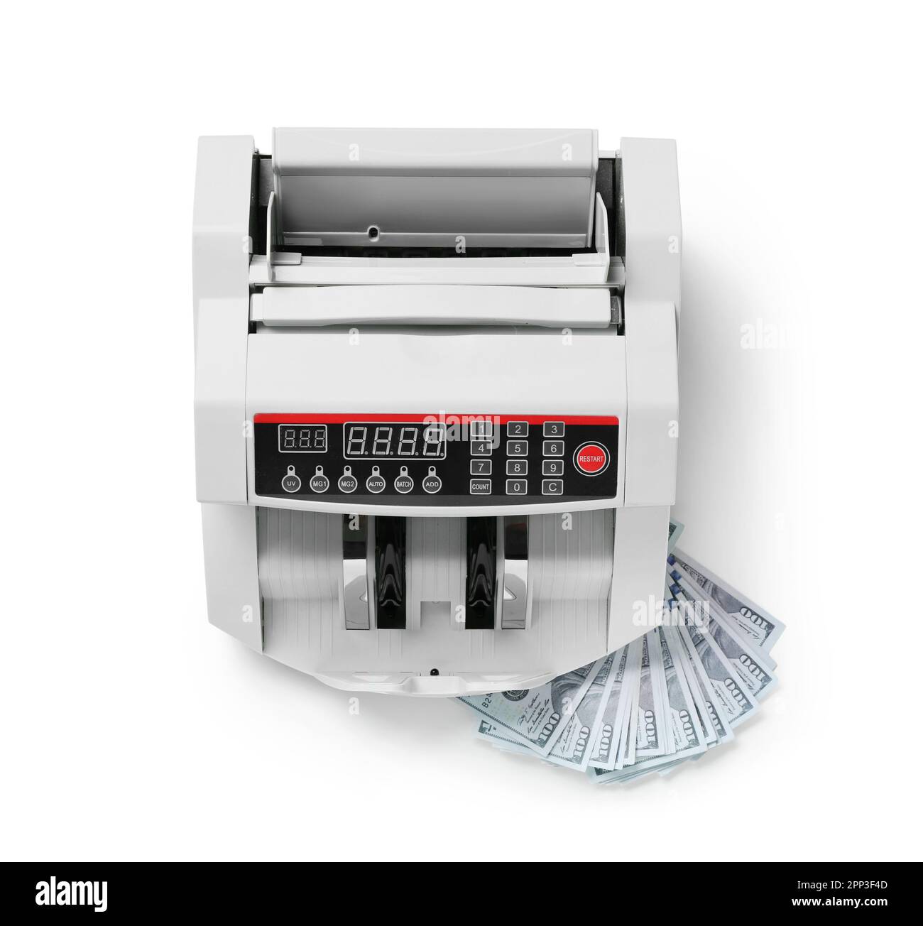 Modern cash counting machine with dollar banknotes on white background ...