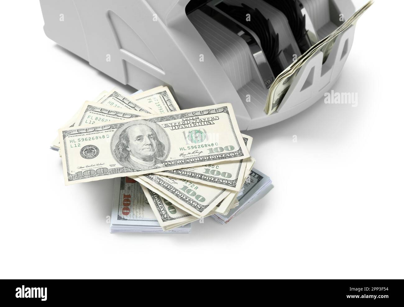 Modern cash counting machine with stack of dollar banknotes on white ...