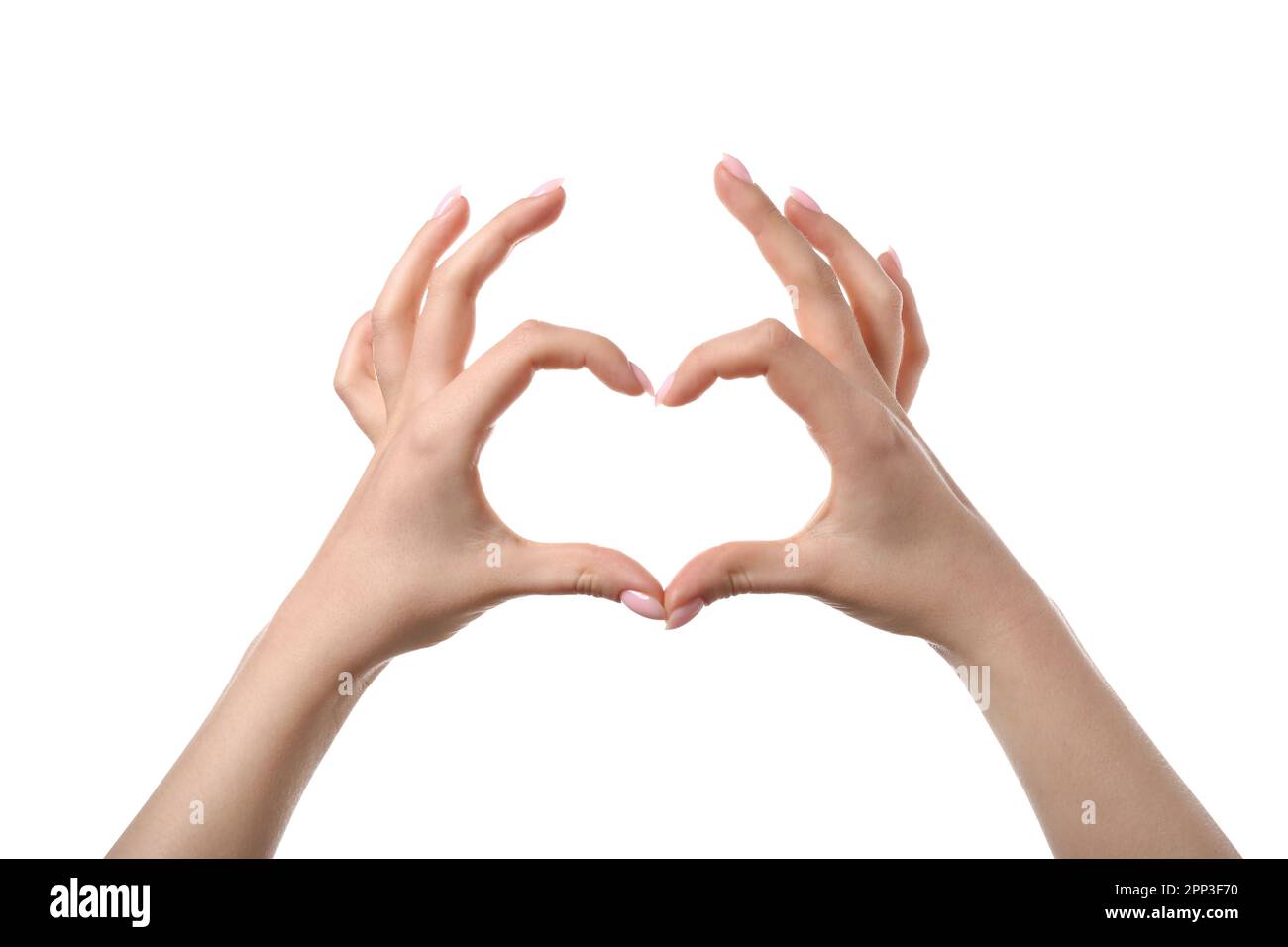 Woman making heart with her hands on white background Stock Photo - Alamy